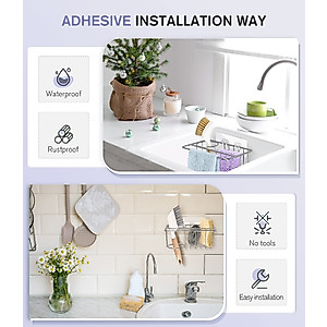 3 in 1 Sink Caddy Sponge Holder, VIS'V 304 Stainless Steel Adhesive Kitchen Sink Basket Sponge Holder Brush Holder Dishcloth Hanger Kitchen Sink Accessories Organizer Rack with 2 Suction Cups - Silver