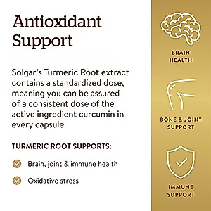 Solgar Standardized Turmeric Root Extract 400 mg, 60 Vegetable Capsules - Antioxidant Support for Brain, Joint, & Immune Health - Non-GMO, Vegan, Gluten Free, Dairy Free, Kosher - 60 Servings