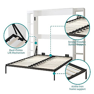 BALUS 97" W Murphy Bed with 2 Storage Cabinets, Queen Size Murphy Cube Cabinet Bed, Solid Wood Fold up Horizontal Murphy Wall Bed, Folding Bed Frame for Guest Room Bedroom Apartment - White