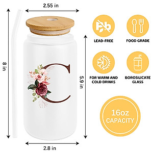 Birthday Gifts for Women, Personalized Gifts for Women, Monogrammed Initial Glass Cup - 16oz Glass Cups with Lids and Straws, Iced Coffee Cup, Beer Can Shaped Glass - Personalized Christmas Gifts C