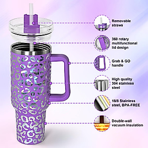sweet grain 40 oz Tumbler with Handle and Straw, Stainless Steel Purple Leopard Print Tumbler with Handle, Double Vacuum Leopard Cup, Keeps Drinks Cold Up to 24 Hours