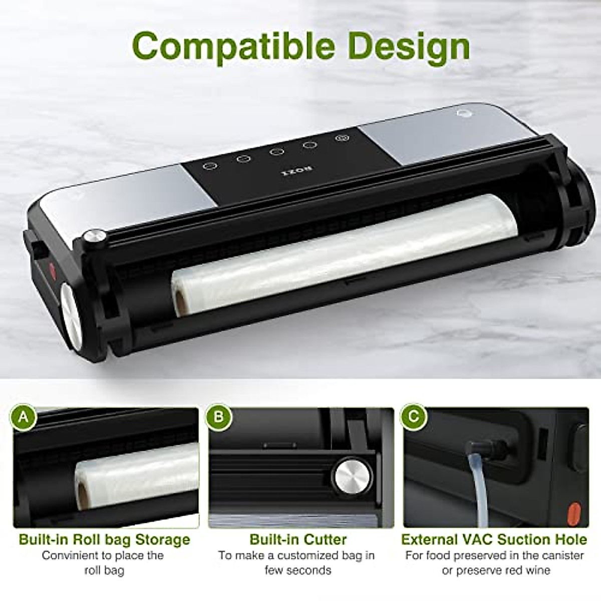 Vacuum Sealer Machine, Rozi Food Vacuum Sealer with Built-in Cutter and Roll Bag Storage for Dry and Moist Food Preservation， Starter Kit with Vacuum Sealer Bags and Roll for Food Storage