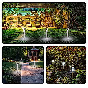 10 Pack Solar Pathway Lights, Solar Garden Lights Outdoor Waterproof, Auto On/Off, Bright Up to 6-8 Hrs, Stainless Steel Led Landscape Lights for Lawn, Yard, Patio, Walkway(White)