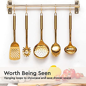 Brass/Gold Cooking Utensils Set for Modern Cooking and Serving - 5 PC Dishwasher Safe Stainless Steel Gold Utensils Set - Gold Serving Spoon, Gold Ladle - Gold Kitchen Utensils for Gold Kitchen