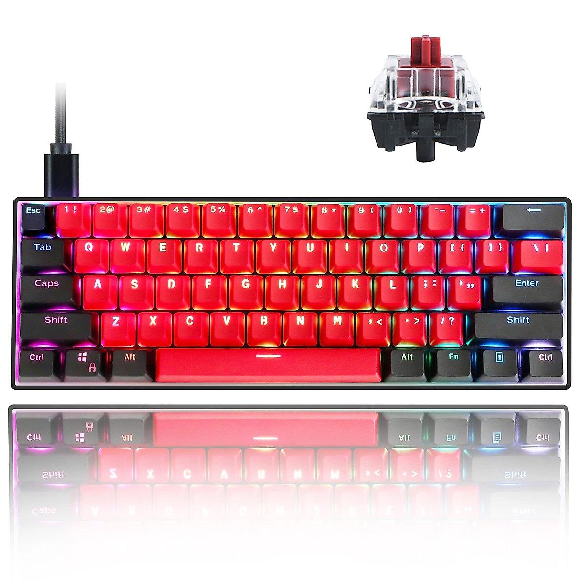 Guffercty kred Sk61 60% Mechanical Keyboard Linear Red Switch Hot Swappable 60 Percent RGB Wired Gaming Keyboard with Backlit PBT Keycaps Type-C for Win/PC/Mac (Gateron Optical Red, Milan)