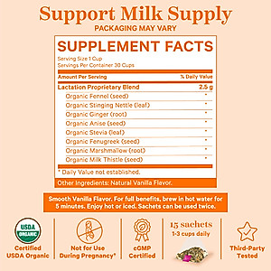 Pink Stork Organic Lactation Support Tea for Breast Milk Supply - Fenugreek, Milk Thistle, Fennel - Breastfeeding Essentials, Caffeine-Free - 15 Sachets, Smooth Vanilla