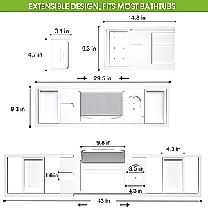 Artmalle Luxury Bathtub Caddy Tray - Bamboo Expandable Bath Tray for Tub with Book Stand, Foldable Bath Table Tray, Tub Shelf for Bathtub for Adults, Home Spa and Gift Choice, White