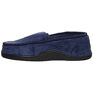 isotoner Men's Terry Moccasin Slipper with Memory Foam for Indoor/Outdoor Comfort, Navy, Large