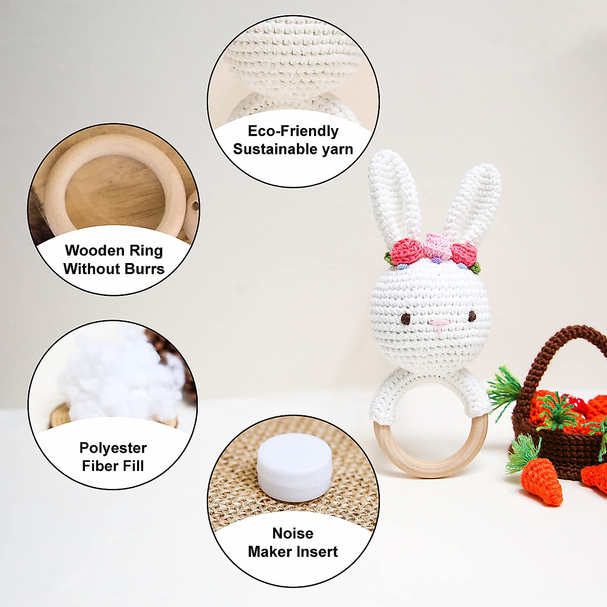 Bunny White Bunny rattles Toy for Young Children, Handmade Woolen Toy with Strict Quality Testing Process, usable as House Decoration (White Bunny Rattles)