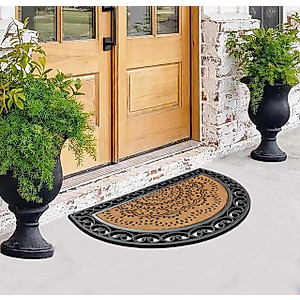 A1 Home Collections A1HOME200131 Heavy Duty Welcome Doormat A1HC Natural Coir & Rubber Round Door Mat, 30" X 48", Half Circle Paisley Black
