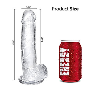 Realistic Transparent Dildo 7.9 inch Dildo, Adult Sex Toy with Suction Cup, Suitable for Female/Male/Couple, Flexible Dildo with Curved Shaft and Ball, can be Used for Vagina G-spot and Anal Play