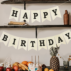 Burlap Happy Birthday Banner, Assembled Reusable Black Happy Birthday Sign for Rustic Birthday Party Decorations