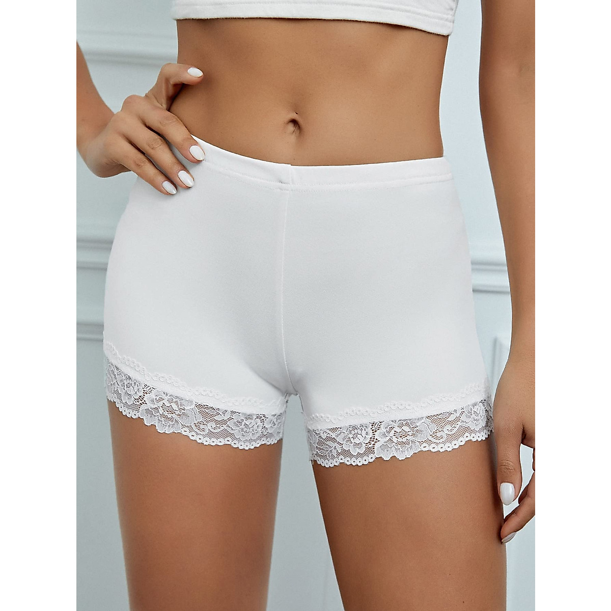 MakeMeChic Women's Lace Biker Shorts Seamless Slip Shorts Undershorts Boyshorts White Tall XS