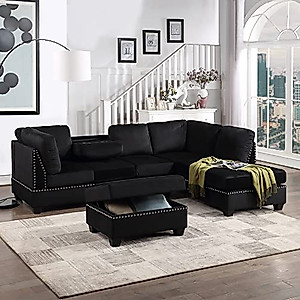 ERYE L-Shaped Corner Sectional Couch with Reversible Lounge Chaise and Drop-Down Cupholders,Modern Living Room Nailhead Decor 6 Seaters Sofa&Couch W/Storage Ottoman for Home Office Apartment
