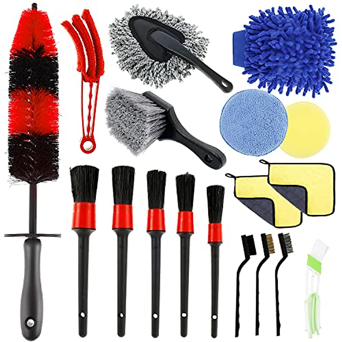 18Pcs Auto Car Detailing Brush Set, Car Cleaning Tools Kit with Long Rim Brush, Detail Brushes, Vent Brush, Polishing Pads, Wash Mitt, Towels for Clean Wheels, Dashboard, Engine, Carpet, Air Vents