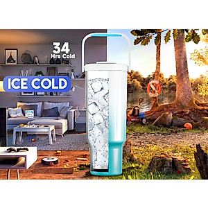 Meoky 40 oz Tumbler with Handle and Straw, Insulated Water Bottle, Stainless Steel Travel Mug, Keeps Cold for 34 Hours, 100% Leak Proof, Fits in Car Cup Holder (Azure)