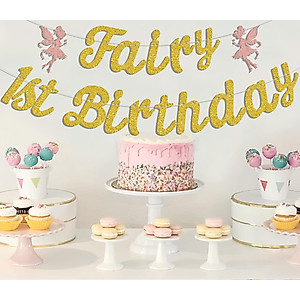 Fairy 1st Birthday Banner, Cute Fairies 1st Birthday Party Decorations, Flower Fairy Girl Happy First Birthday Anniversary Baby Shower Party Supplies Gold Rose Gold