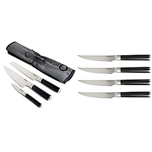 Babish German Steel Cutlery Set with Knife Roll - Includes Chef's Knife, Bread Knife, Paring Knife and 4 Steak Knives
