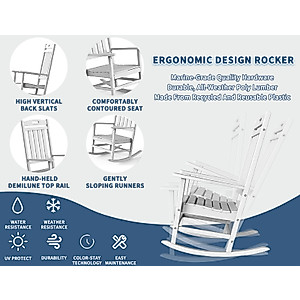 POLYDUN Outdoor Rocking Chair, Looks Like Wood, High Back Poly Lumber Patio Rocker Chair, 365Lbs Support, All-Weather Porch Rocking Chair for Lawn, Backyard, Indoor, Garden, White