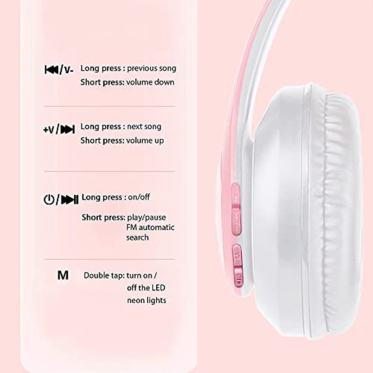 OONOL Kids Wireless Bluetooth Headphones, LED Light Over Ear Foldable Headphone with Microphone and Wired for Girls Women (Pink)