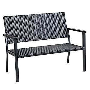 C-Hopetree Outdoor Loveseat Bench Chair for Outside Patio Porch, Metal Frame, Black All Weather Wicker