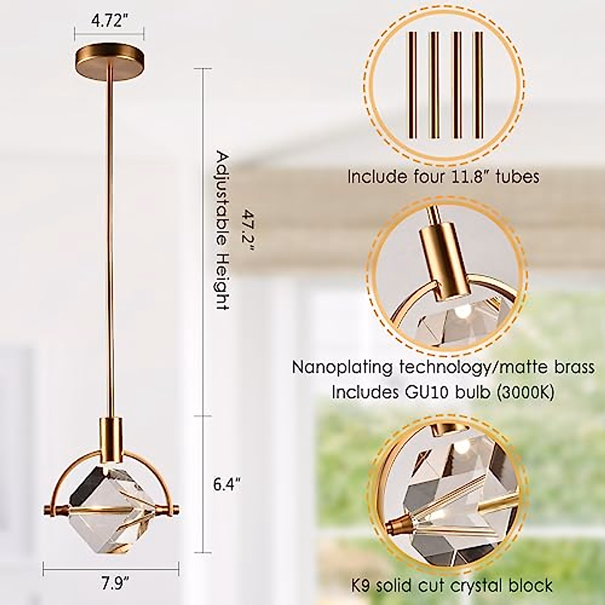 Camastar Brass Pendant Light, Cube Crystal Pendant Light Fixture for Kitchen Island, Modern Small Pendant Ceiling Dimmable Light for Dining Room, Vanity Pendant Haging Light for Bedroom