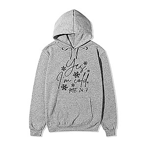 DOLKFU prime deals of the day today only cute sweatshirts for women Womens Yes I'M Cold Me 24:7 Hoodies Long Sleeve Casual Drawstring Hooded Pullover Trendy Loose Fit Sweatshirts Gray L