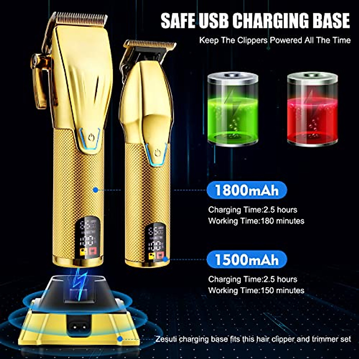 Zesuti Professional Hair Clippers & Trimmer Set for Man with Charging Base,Cordless 4 Adjustable Speeds Hair Clipper,Barber Supplies Clippers for Hair Cutting Mens T-Blade Trimmer Haircut Kit (Gold)