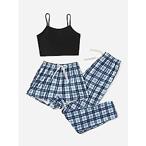 Milumia Women's 3 Pieces Pajamas Cami Top and Plaid Shorts & Pants Pj Sets Sleepwear