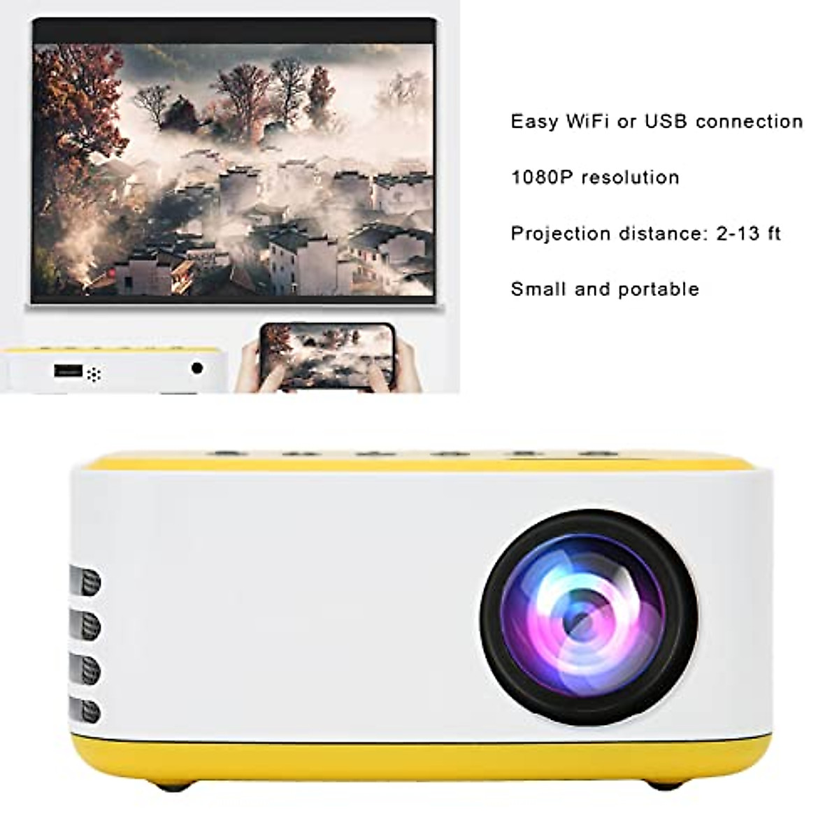 Mini WiFi Projector,LED USB Connection 1080P Inbuilt Speaker Portable Projector with Inbuilt Speaker for Home Camping Travel 100?240V,Bright Yellow(US Plug)