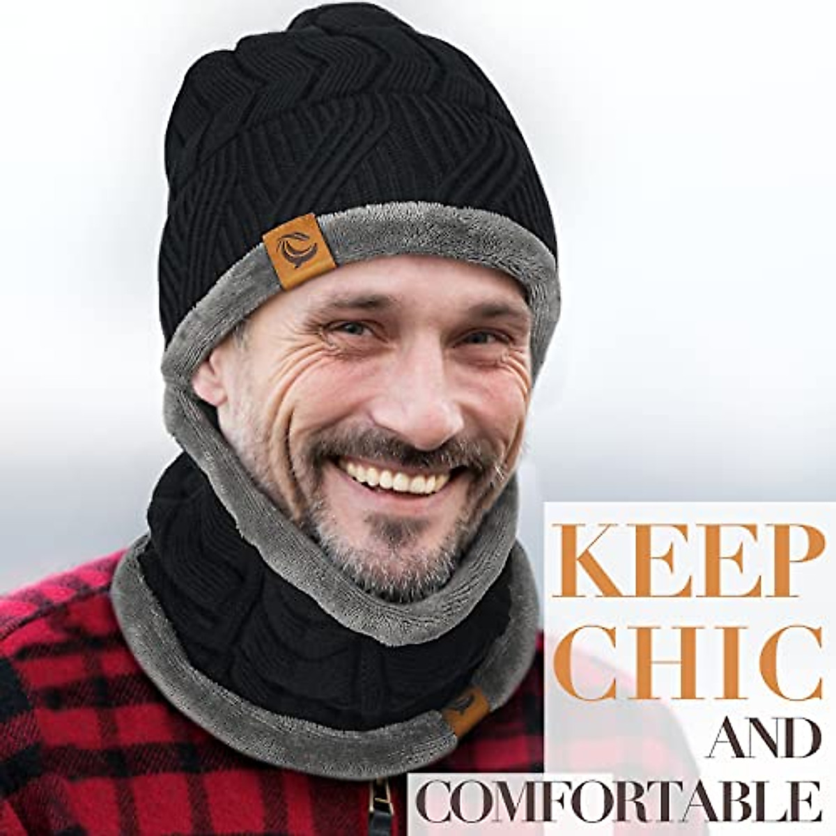 Beanie Hats for Men Women - Neck Warmer Winter Hat Scarf Set Gifts for Man Woman, Dual Layered Fleece Lined Winter Cap, Chunky Toboggan Knit Hat, Thick Soft Stretchy Skull Cap Black Stocking Stuffer