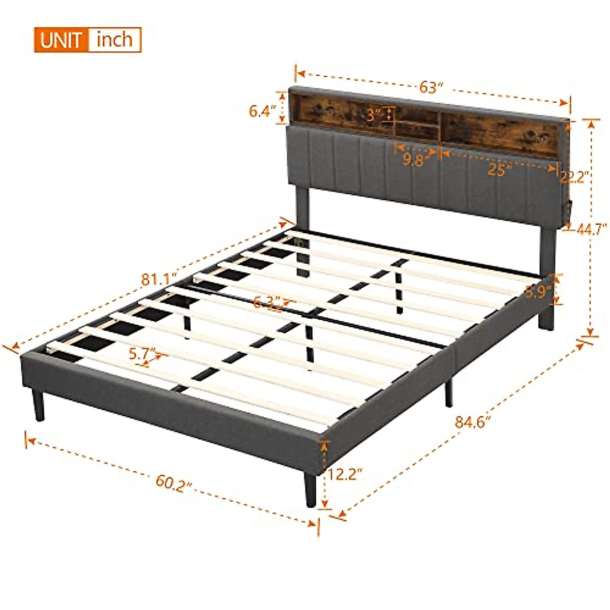 Merax Modern Upholstered Platform Bed with Storage Headboard and USB Port Wood Bed Frame No Box Spring Needed/Easy Assembly Full, Gray