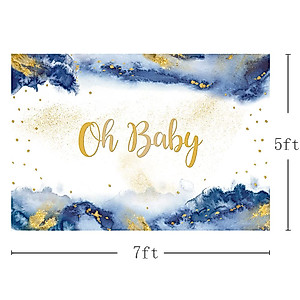 MEHOFOND 7x5ft Soft Fabric Oh Baby Backdrop for Boys Royal Blue Watercolor Pastel Clouds Baby Shower Photography Background Blue Clouds Gold Glitter Dots Party Decorations Cake Smash Photo Props