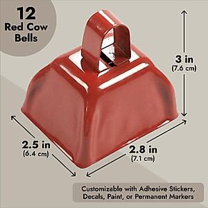 Set of 12 3-inch Cowbells with Handle, Hand Percussion Cow Bells Noise Makers for Sporting Events, Football Games (Red)