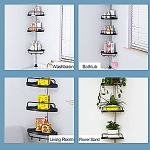 BAOYOUNI 5-Tier Shower Corner Caddy Tension Pole Adjustable Bathroom Shelf Floor to Ceiling Storage Rack Organizer Holder with Towel Bar - No Drilling - Black