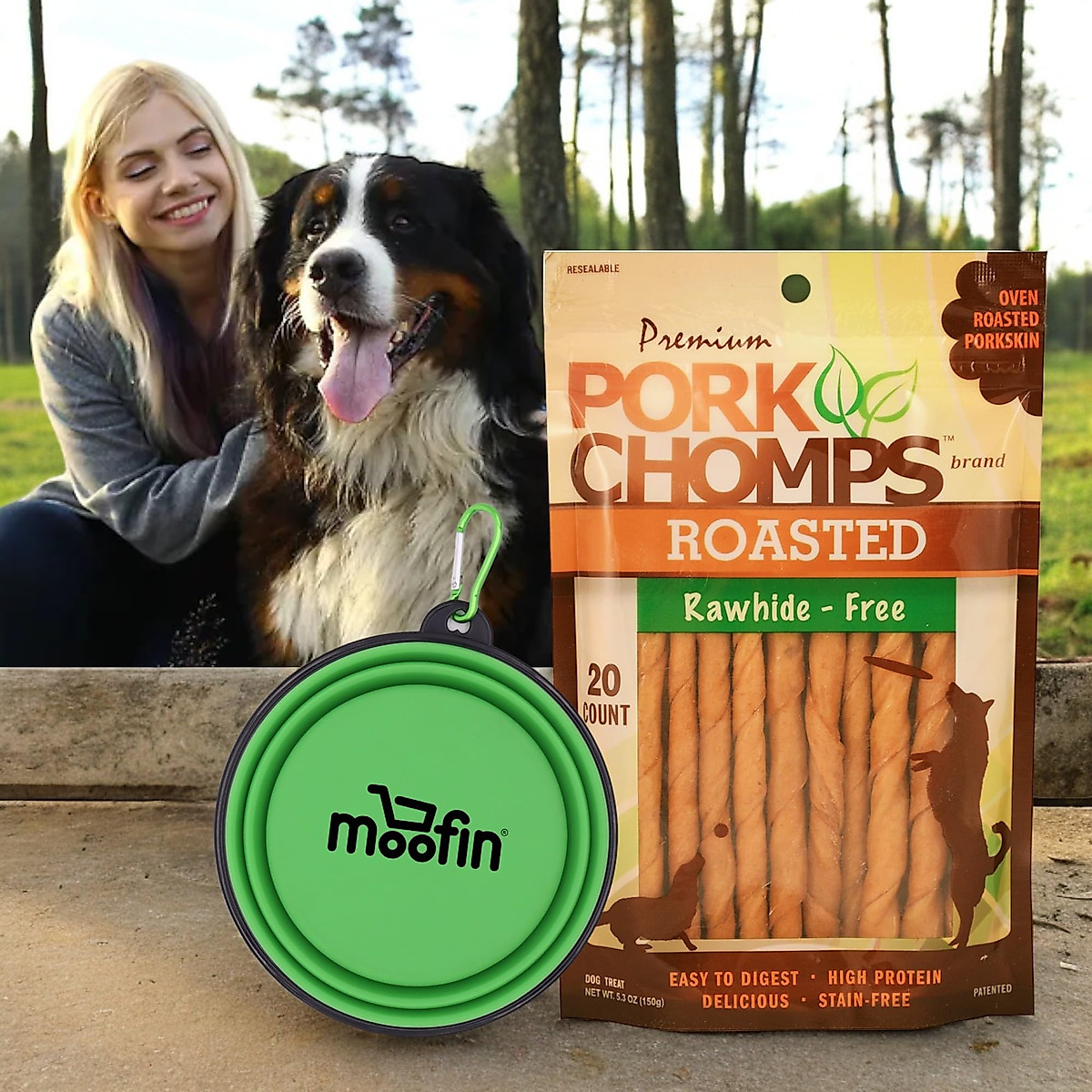 Pork Chomps Dog Chews, Roasted Skin Dog Chews Bundled with Silicon Pet Bowl - 5-Inch Mini Dog Treat Sticks, Healthy Natural, Promotes Dental Health, Long-Lasting [Pack of 4]