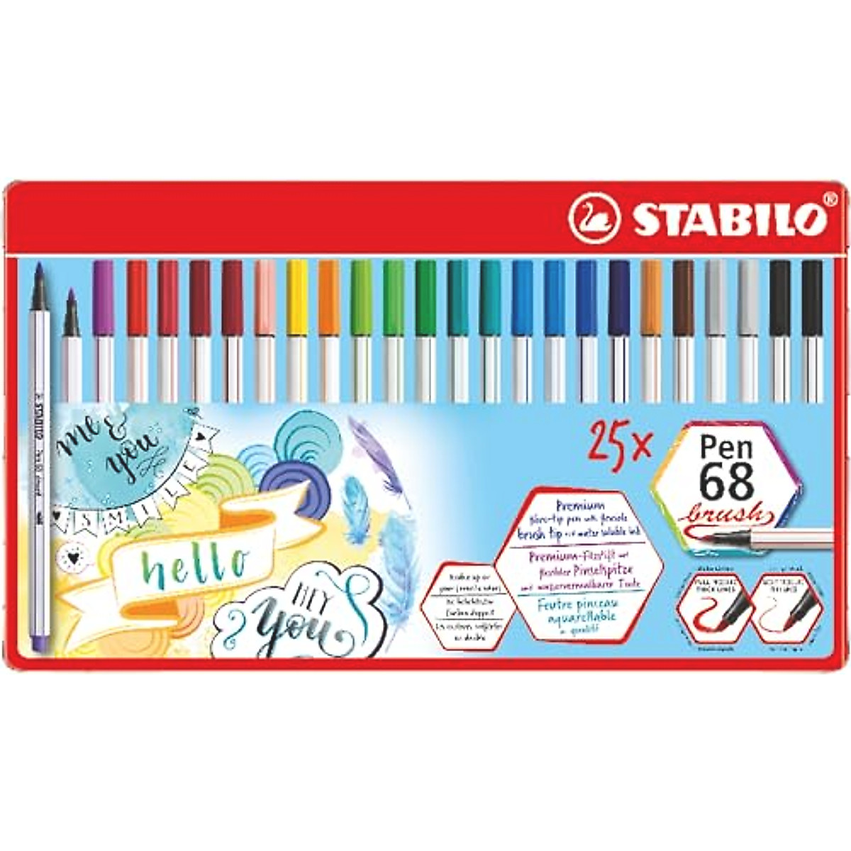 STABILO Premium Fibre-Tip Pen Pen 68 brush - Tin of 25-19 assorted colours