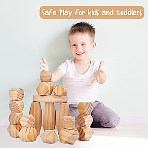 Pidoko Kids JUMBO Building Blocks for Toddlers 1-3 | Natural Wood 30 Pcs Large | Montessori Toys Wooden Block - Sensory Preschool Girls Boys Balancing Stones & Stacking Rocks - W/Storage Container
