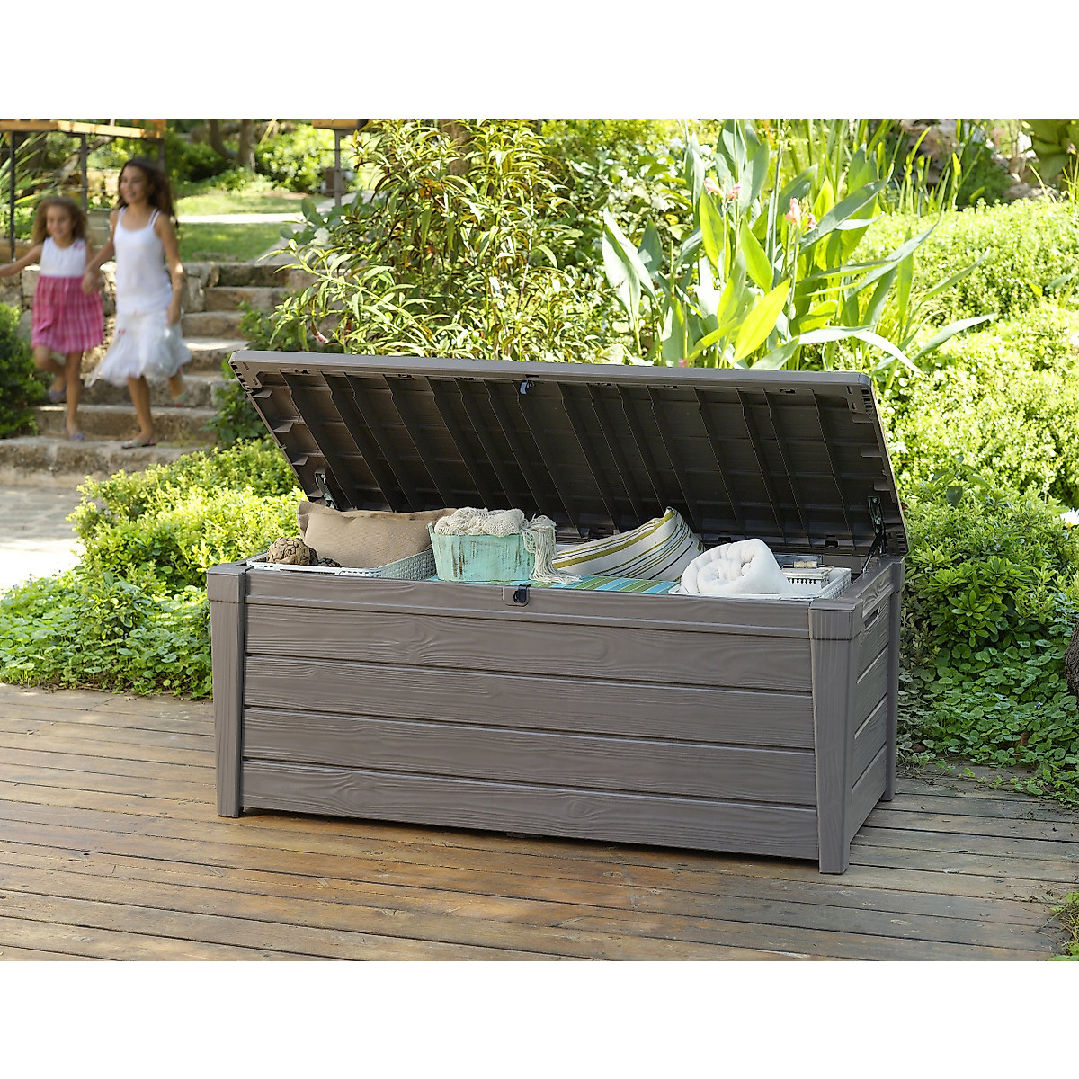 Keter Brightwood 120 Gallon Outdoor Garden Patio Storage Furniture Deck Box