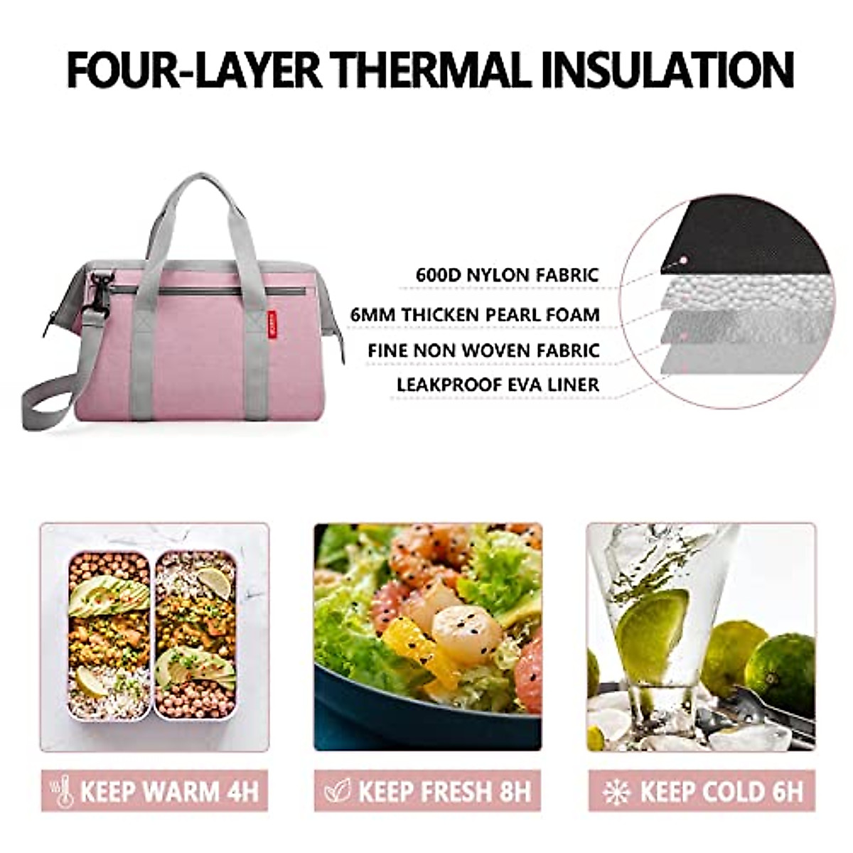 Lunch Box for Men, Insulated Lunch Bag Women, Personalized Reusable Lunch Tote Bag for Office Work, Leak-proof Adult Lunchbox Container Cooler Sack Handbag Case (Pink)