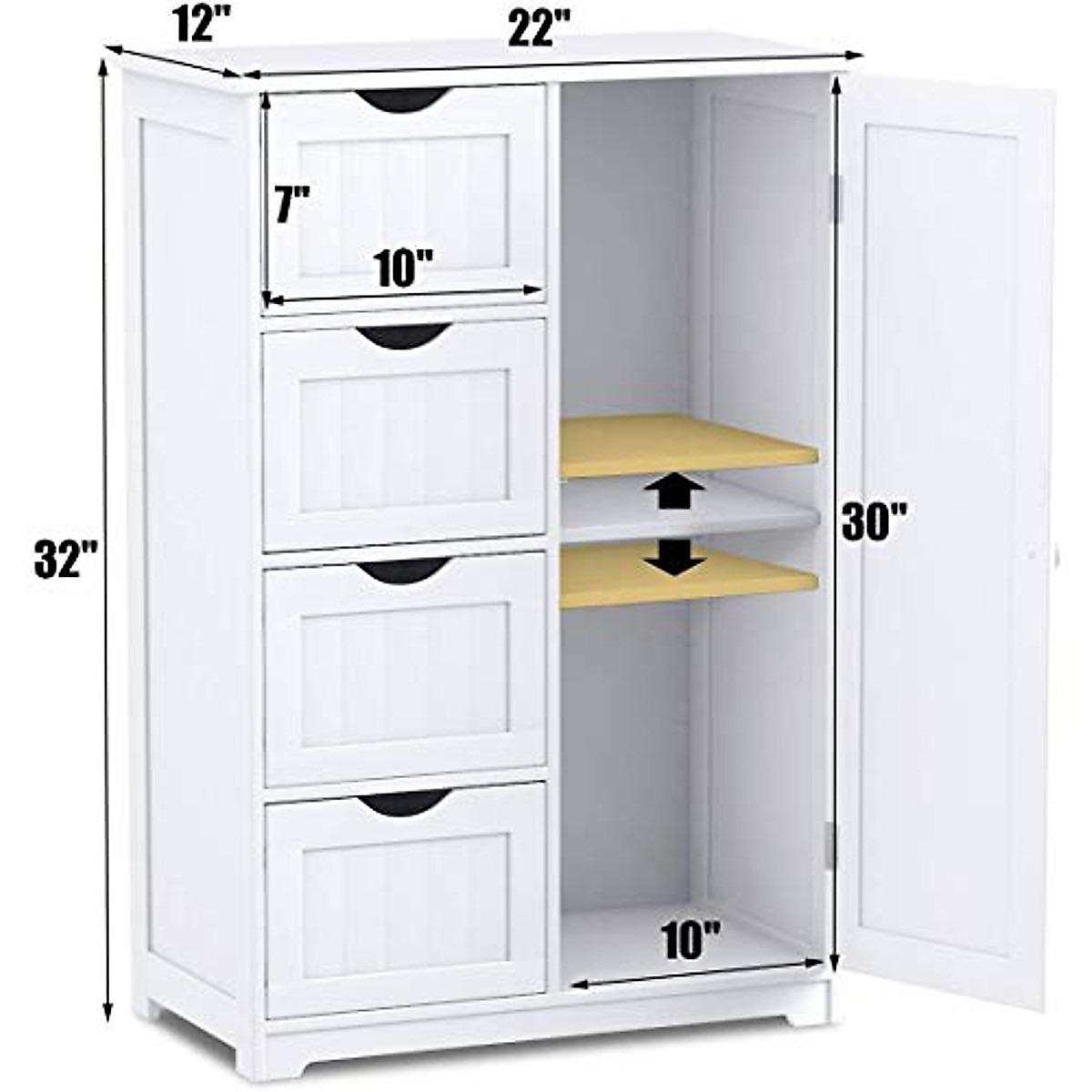 Giantex Bathroom Floor Cabinet Wooden with 1 Door & 4 Drawer, Free Standing Wooden Entryway Cupboard Spacesaver Cabinet, White