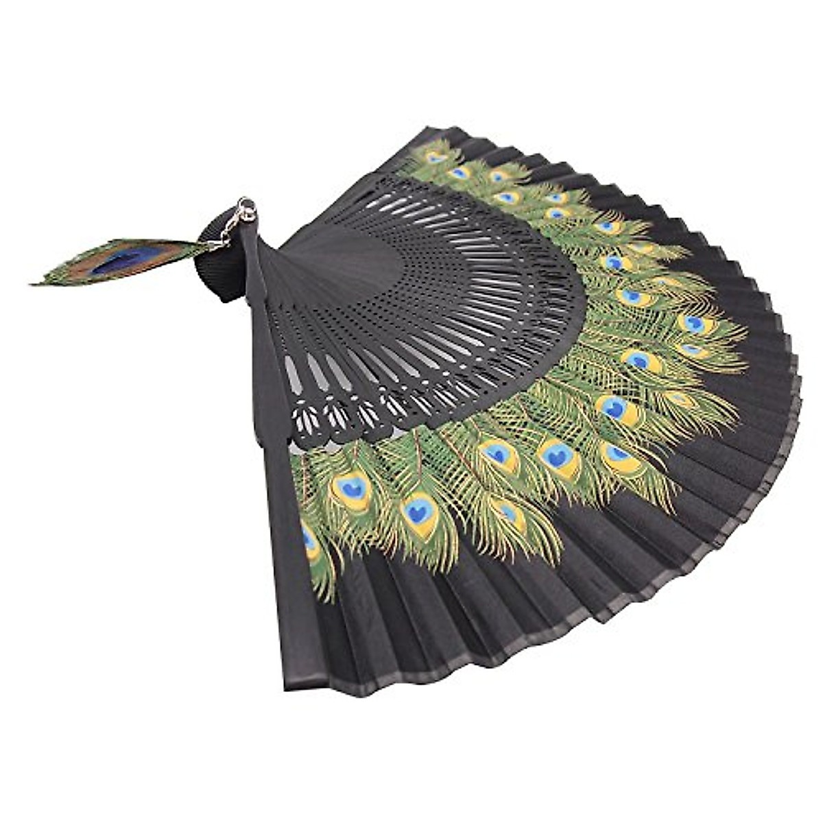 Innolife Peacock Chinese/Japanese Hand Folding Fan Bamboo Carved Frame Silk Craft Fan (Black)