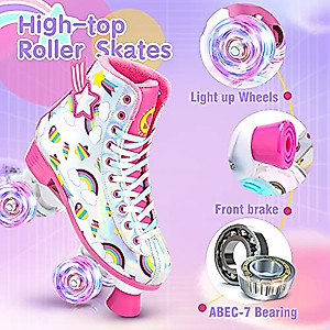 SULIFEEL Rainbow Roller Skates for Kids Size J13 with Adjustable Protective Gear Set Shiny Small