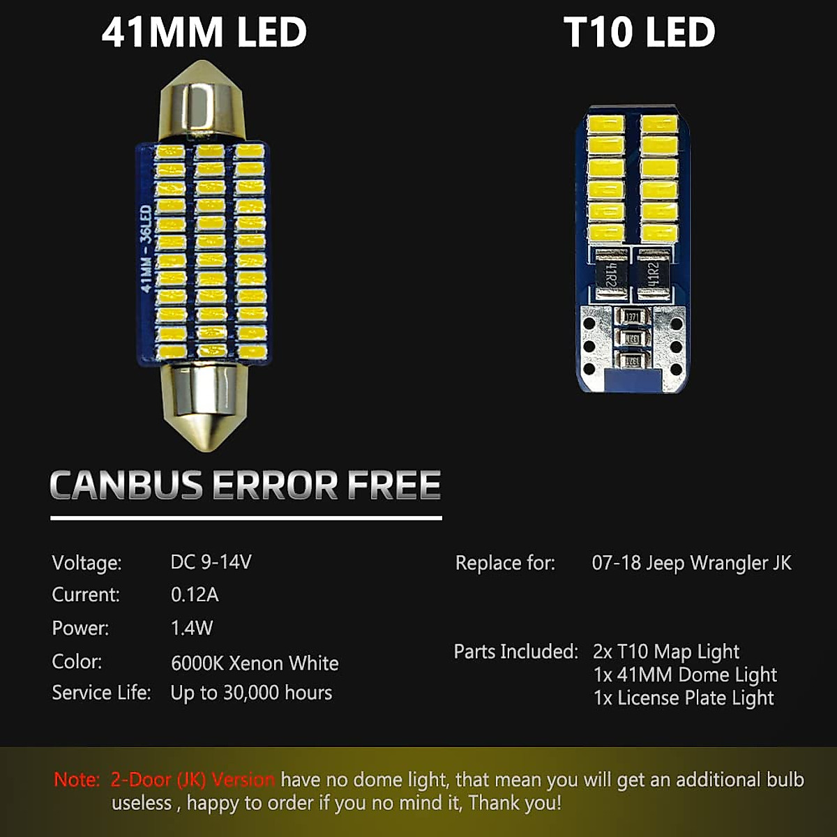 Bojer Interior LED Light Kit Compatible with 2007-2018 Jeep Wrangler JK 501 578 Dome Map Bulb Replace White Color
