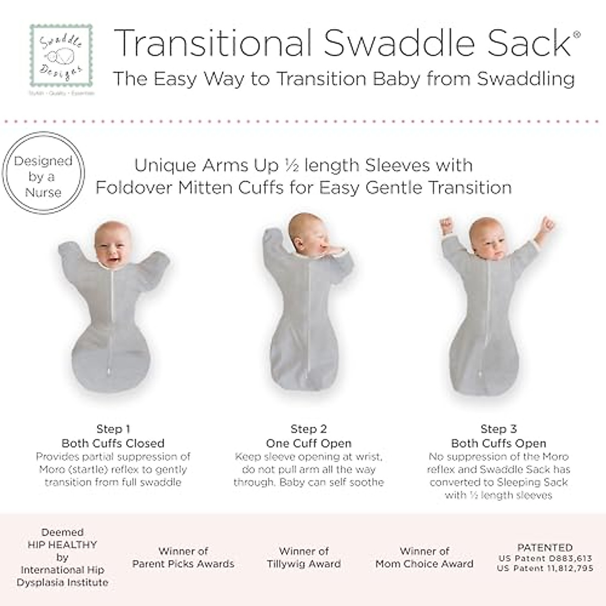 SwaddleDesigns Transitional Swaddle Sack with Arms Up Half-Length Sleeves and Mitten Cuffs, Heathered Gray, 0-3mo, 6-14 lbs (Parents' Picks Award Winner), Small