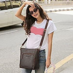 S-ZONE Women Genuine Leather Bucket Shoulder Bag Vintage Crossbody Purse with Outer Pocket