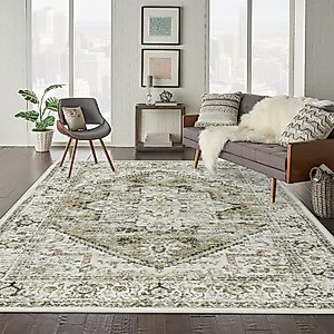 LIVEBOX Washable Area Rug 8x10 - Large Vintage Tribal Living Room Rug Oriental Rug for Bedroom, Non-Slip Retro Medallion Carpet Print Distressed Rug for Dining Room Guest Room Office Sage