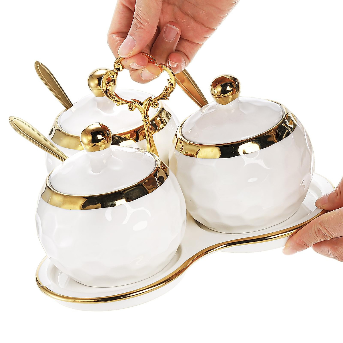 Foraineam Porcelain Condiment Pot Sugar Bowl Spice Jars with Lid, Spoon and Tray, Salt Container Spice Box Seasoning Pots, White Sugar Salt Bowls Set for Kitchen, Restaurant, Coffee Bar, Set of 3