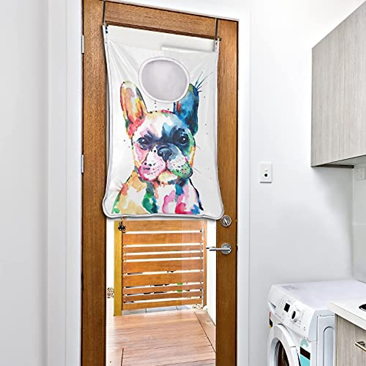 Animal Dog Hanging Laundry Hamper Bag 1 PCS, Watercolor French Bulldog Door Hanging Laundry Basket Dirty Clothes Bag Space Saving with Hooks for Bathroom Bedroom Home Wall Closet
