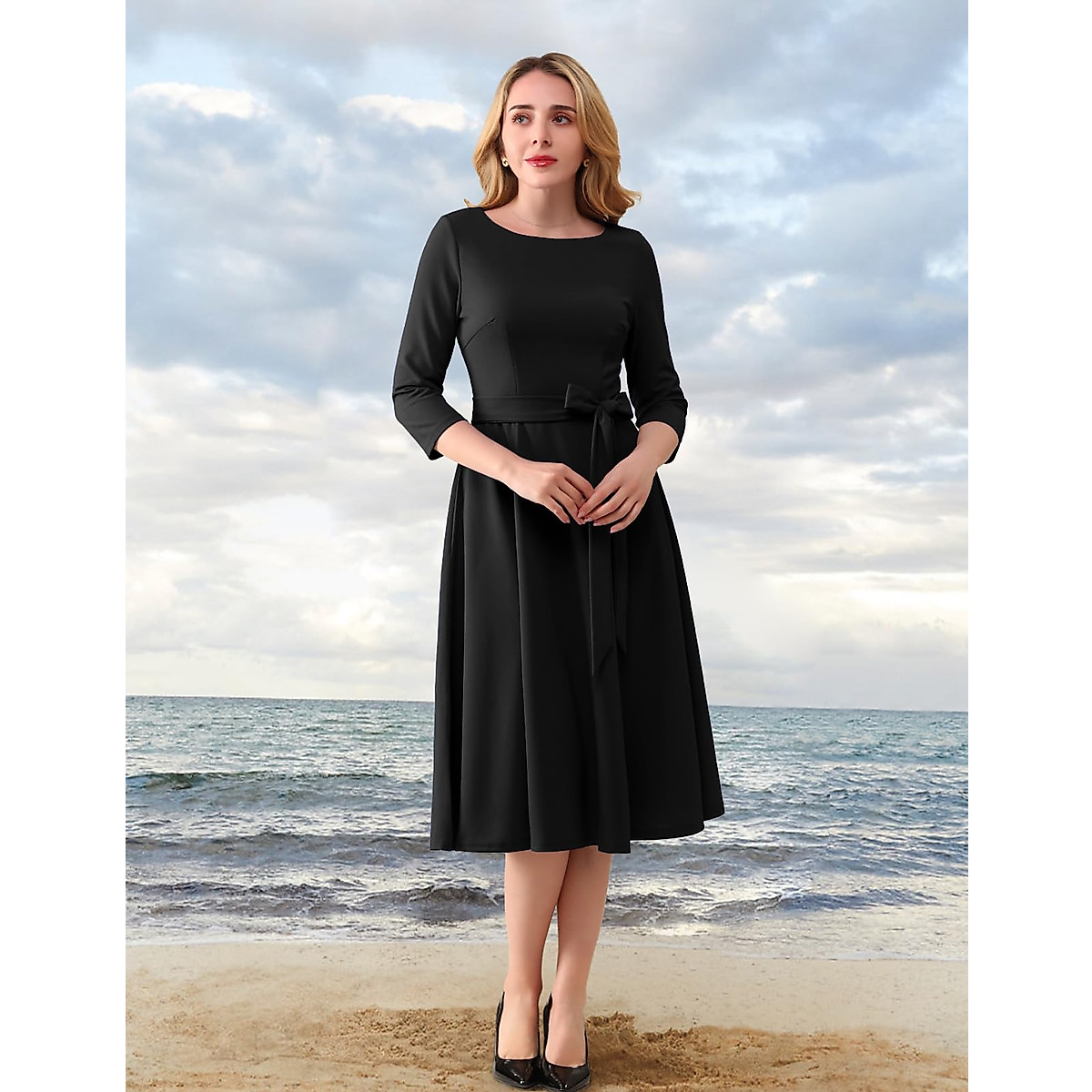 DRESSTELLS Cocktail Dress, Women's Wedding Guest Dresses, 3/4 Sleeves 1950s Vintage Tea Party Dress, 2023 Fall Church Dress, Fit and Flare Formal Prom Swing Dress Red Deer XL